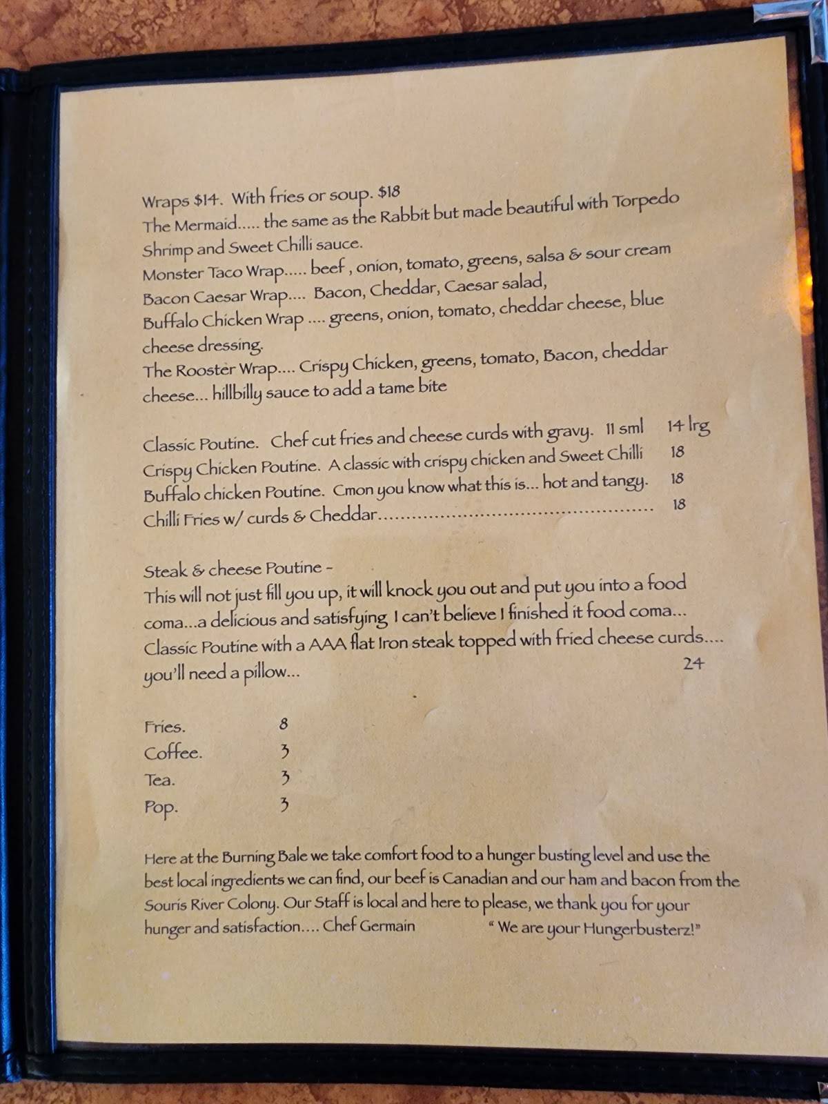 Menu at The Burning Bale restaurant, Canada
