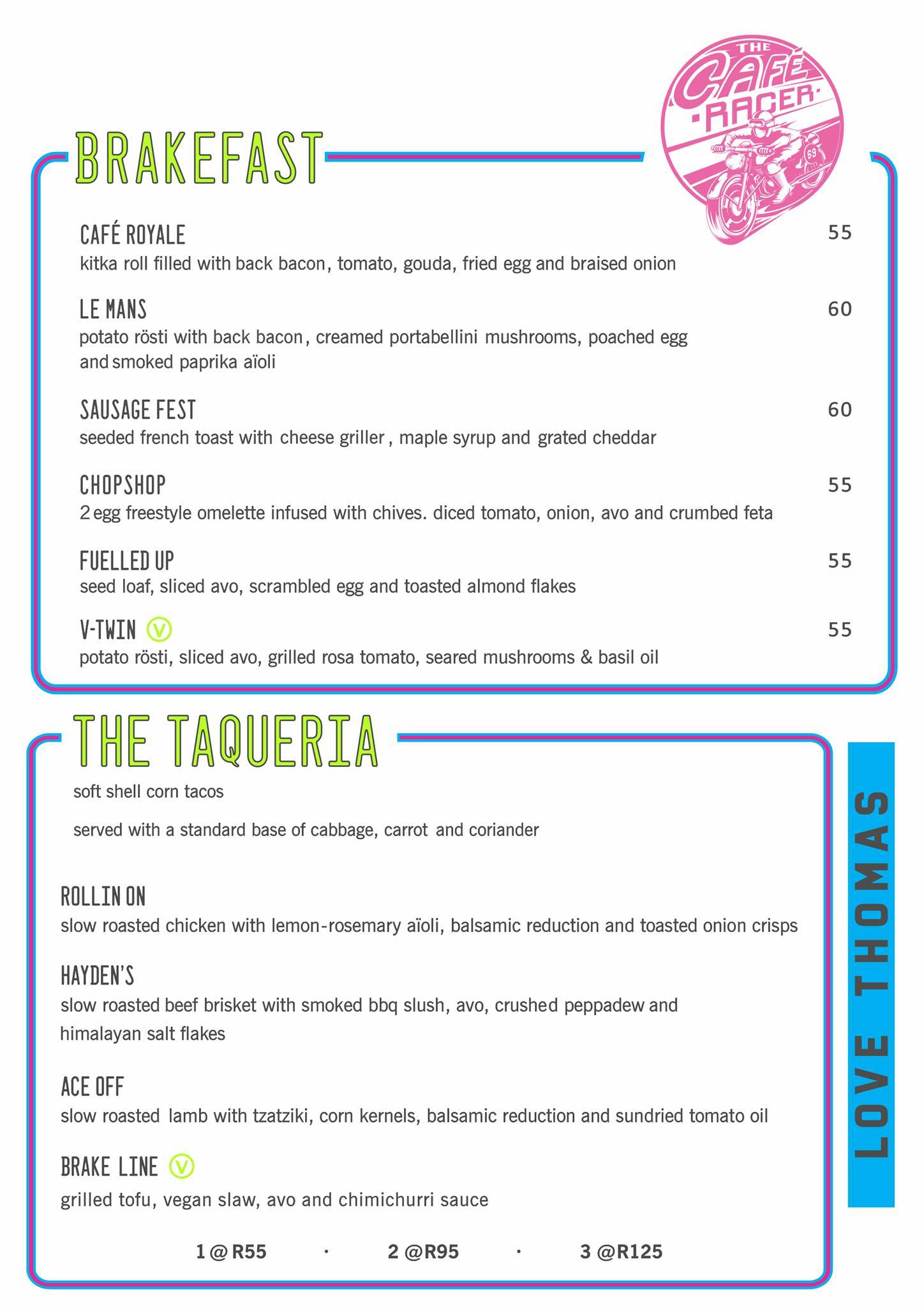 Menu at The Cafe Racer Strand, Cape Town