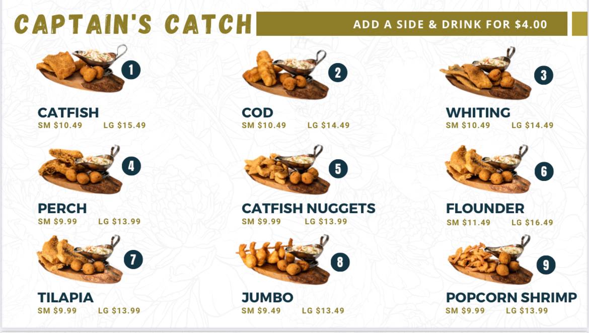 Menu at The Captain's Catch restaurant, Greensboro