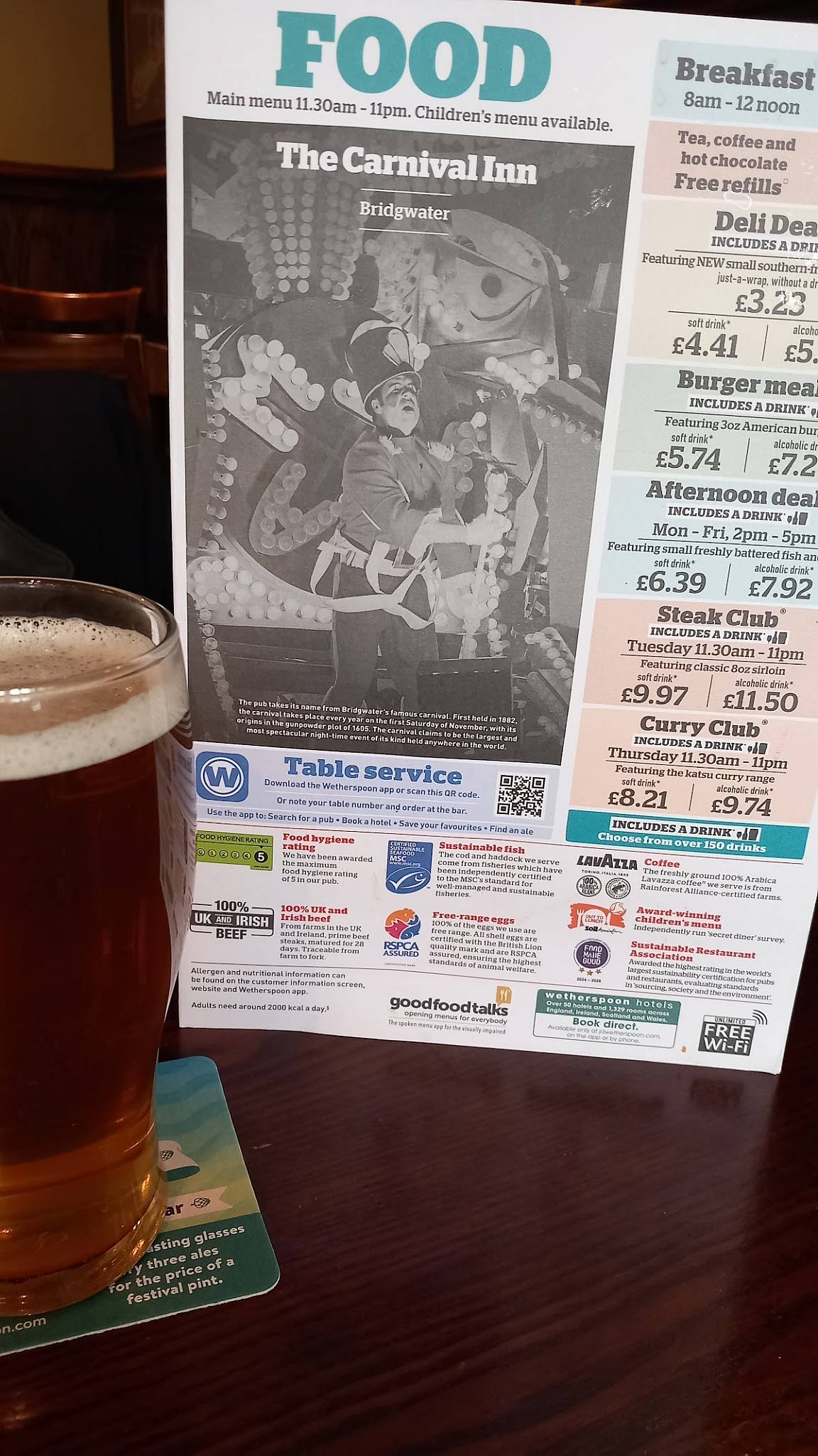 Menu at The Carnival Inn - JD Wetherspoon pub & bar, Bridgwater