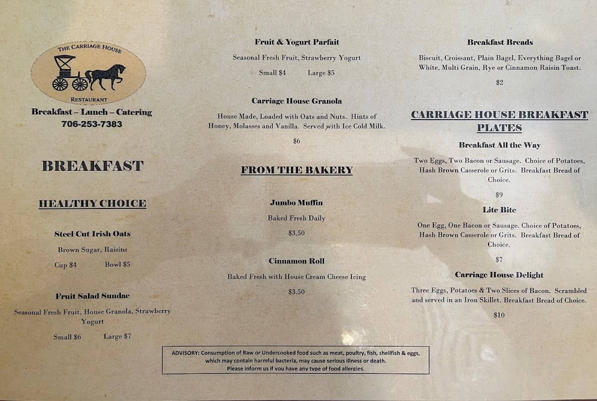 Menu at The Carriage House Restaurant, Jasper