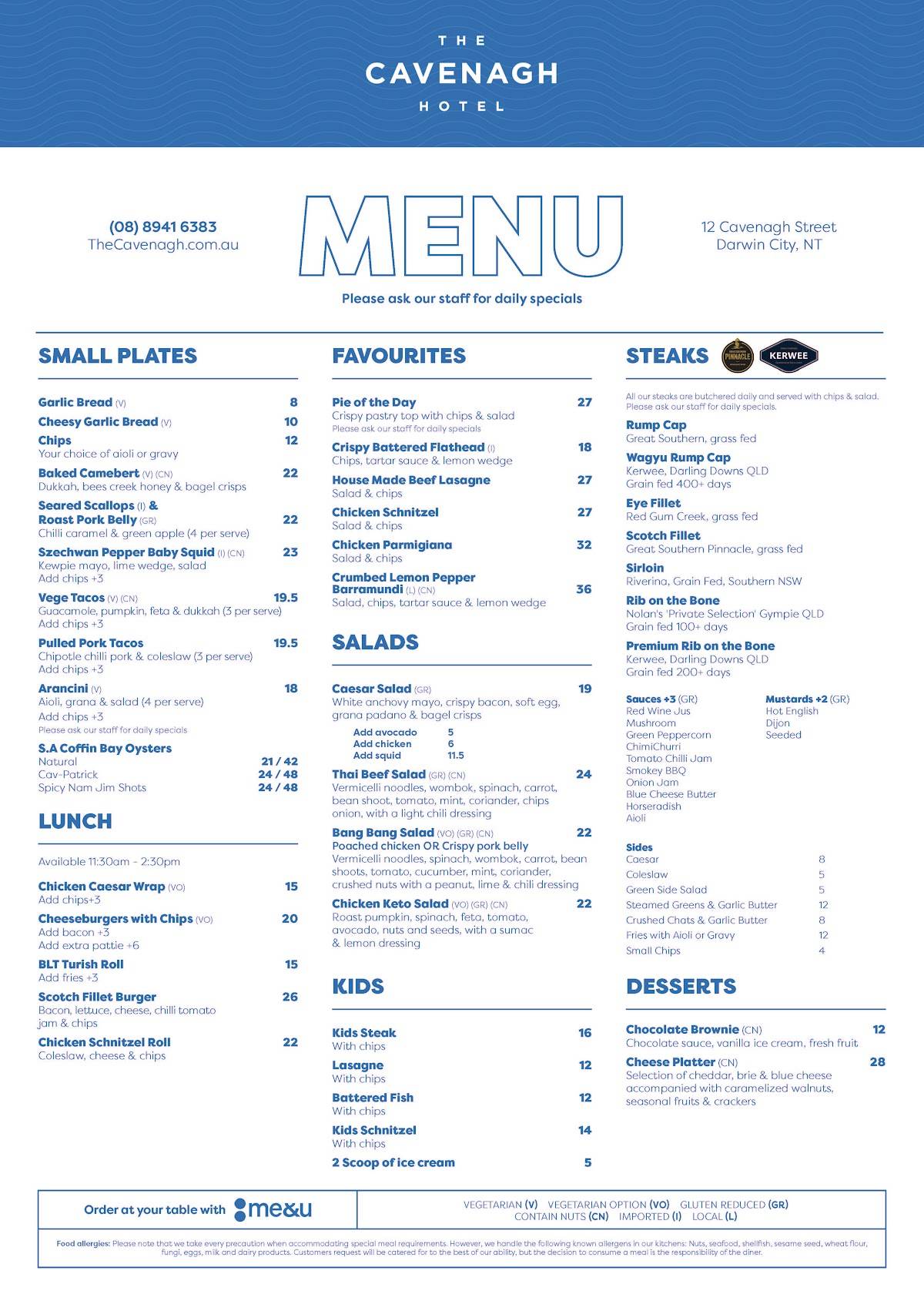 Menu at The Cavenagh Hotel restaurant, Darwin City