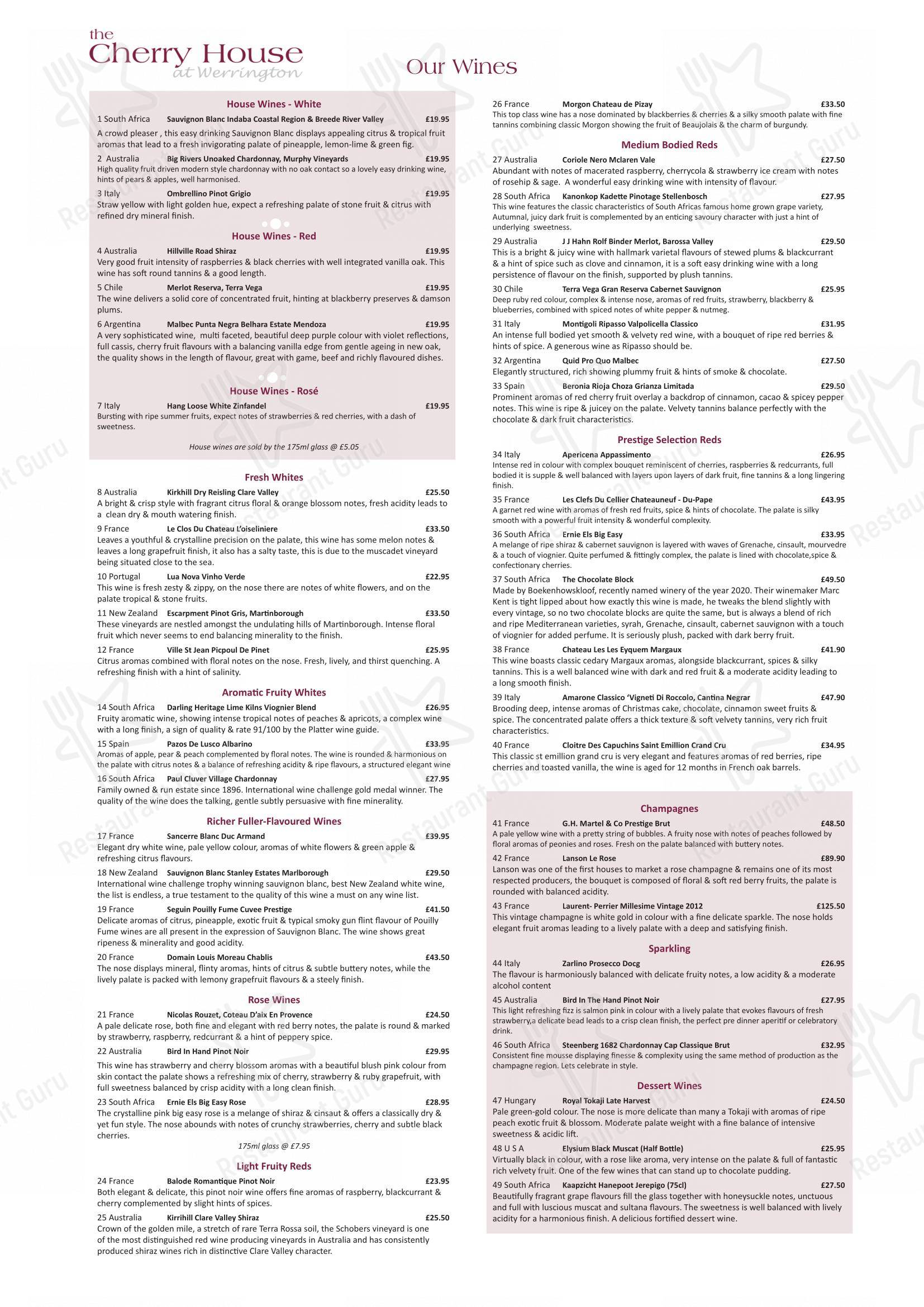Menu at The Cherry House At Werrington restaurant, Peterborough