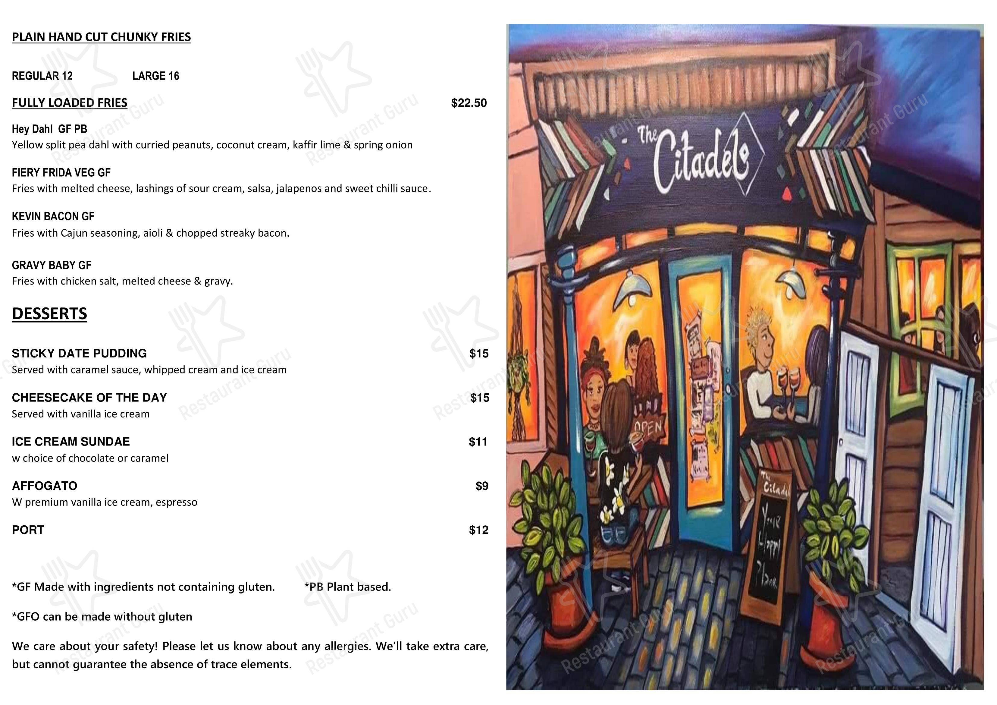 Menu at The Citadel Cafe, Whanganui
