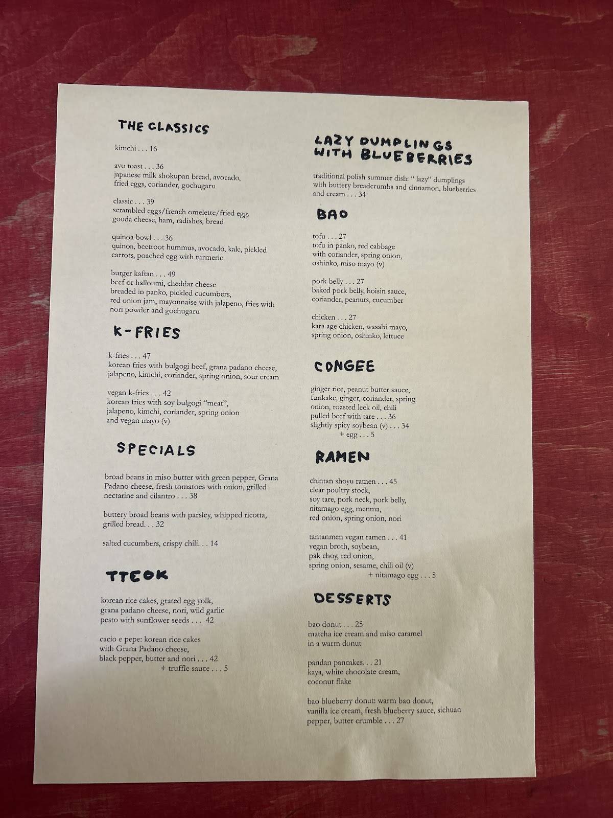 Menu at The Cool Cat cafe, Warsaw