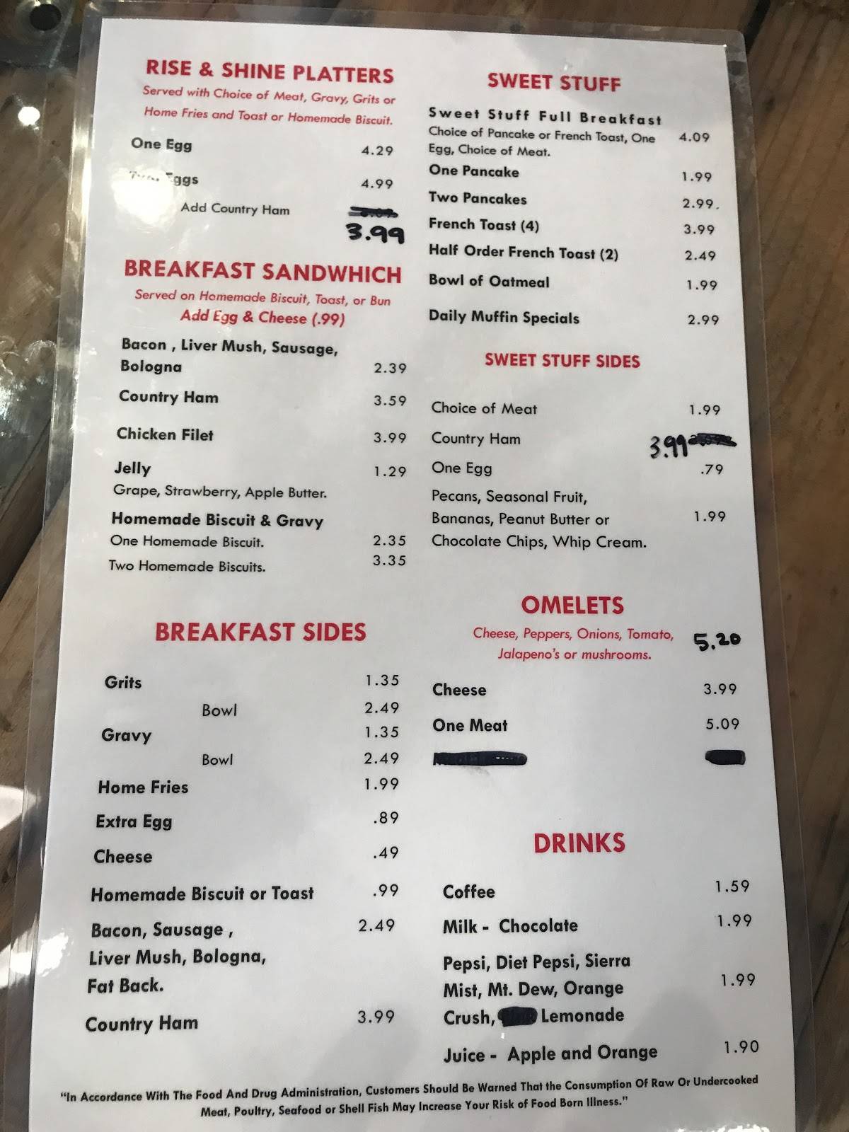 Menu at The Coop restaurant, Spindale