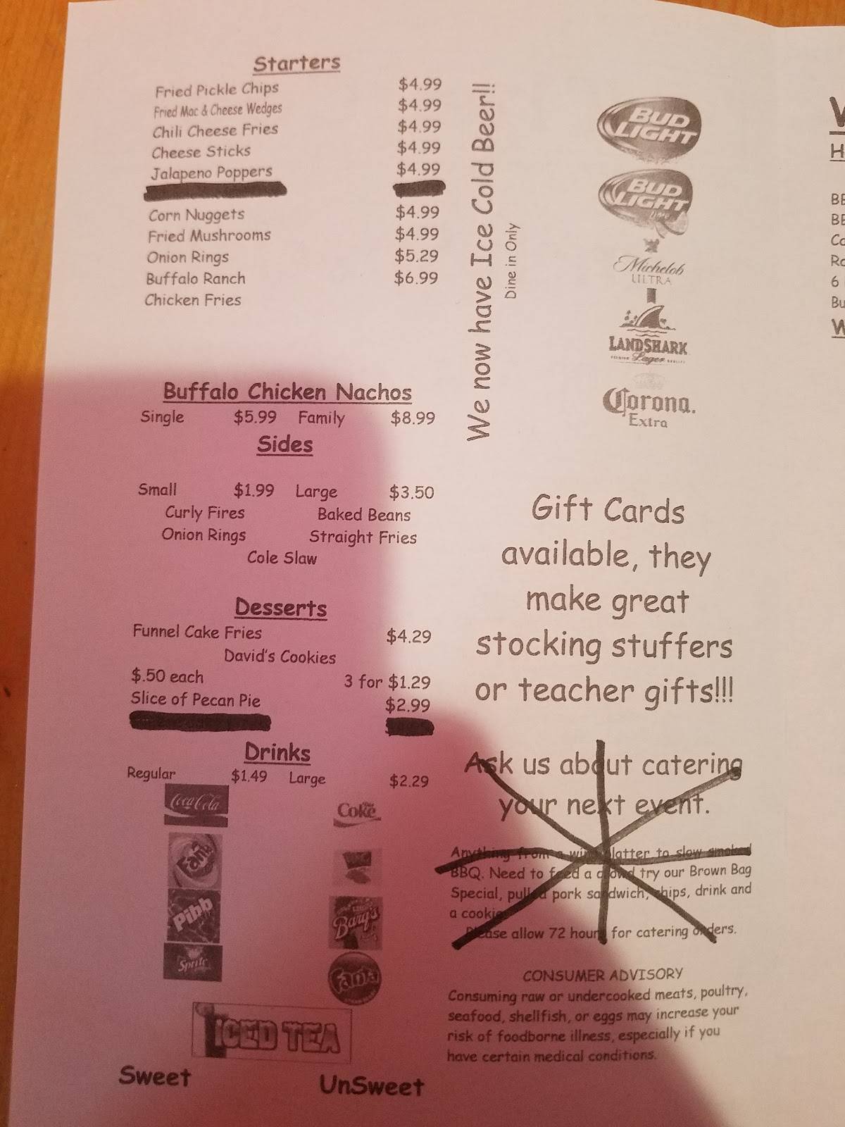 Menu at The Coop restaurant, Macclenny