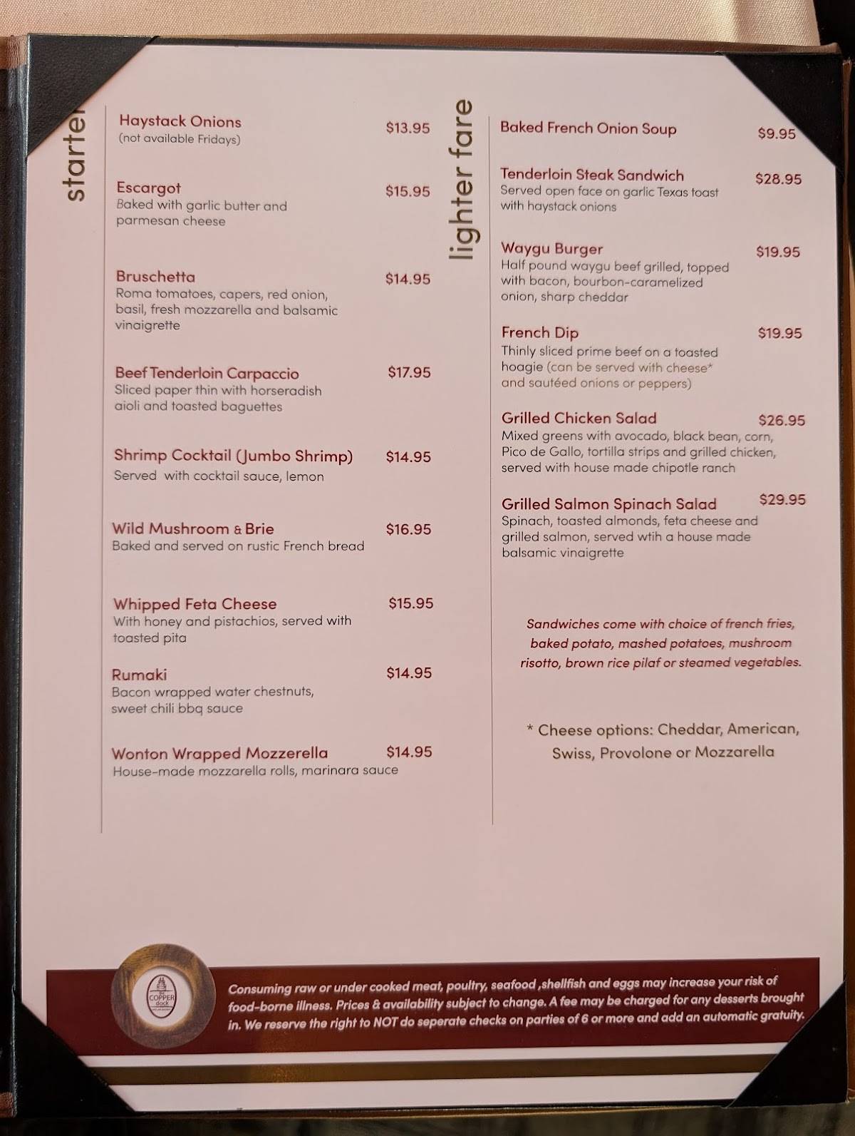 Menu at The Copper Dock restaurant, Richfield