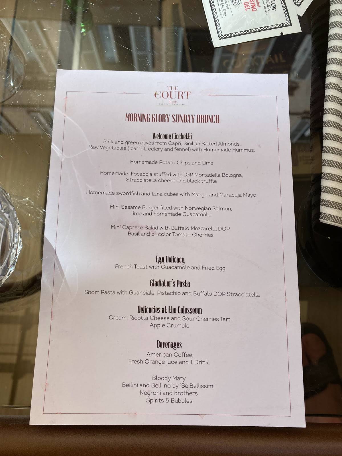 Menu at The Court Bar. Palazzo Manfredi, Rome