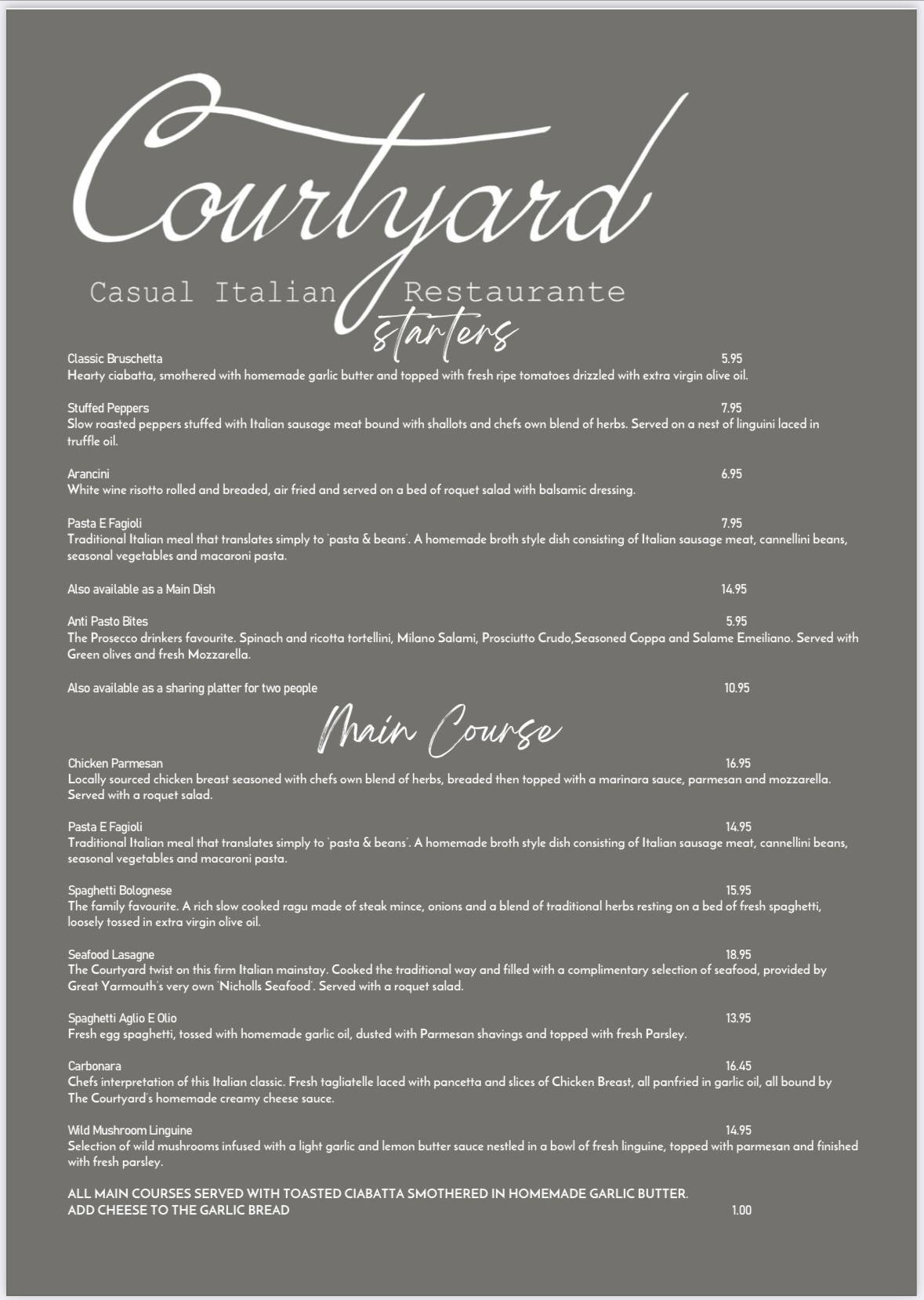 Menu at The Courtyard Italian Restaurante, Great Yarmouth