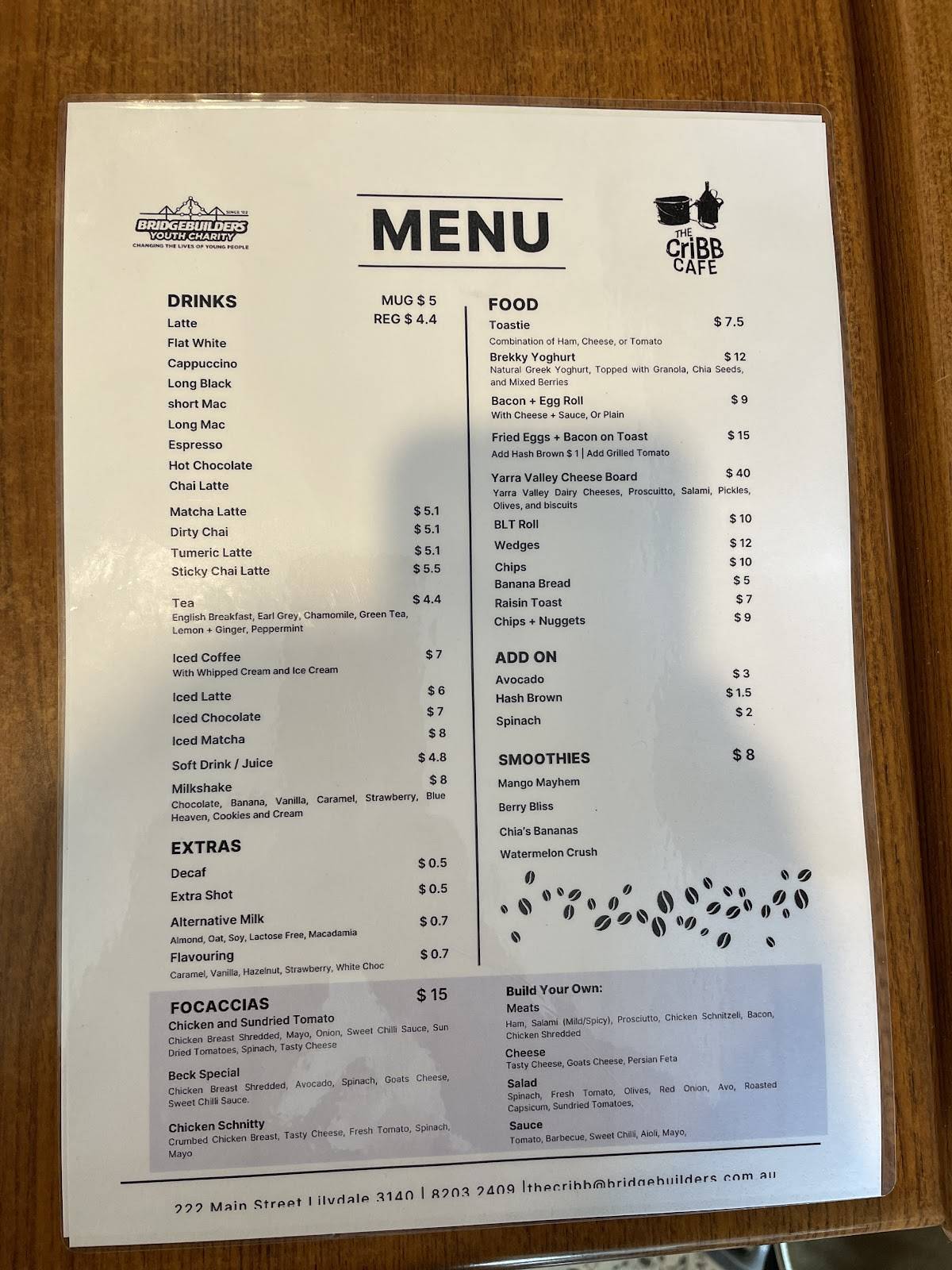 Menu at The CriBB Cafe, Lilydale
