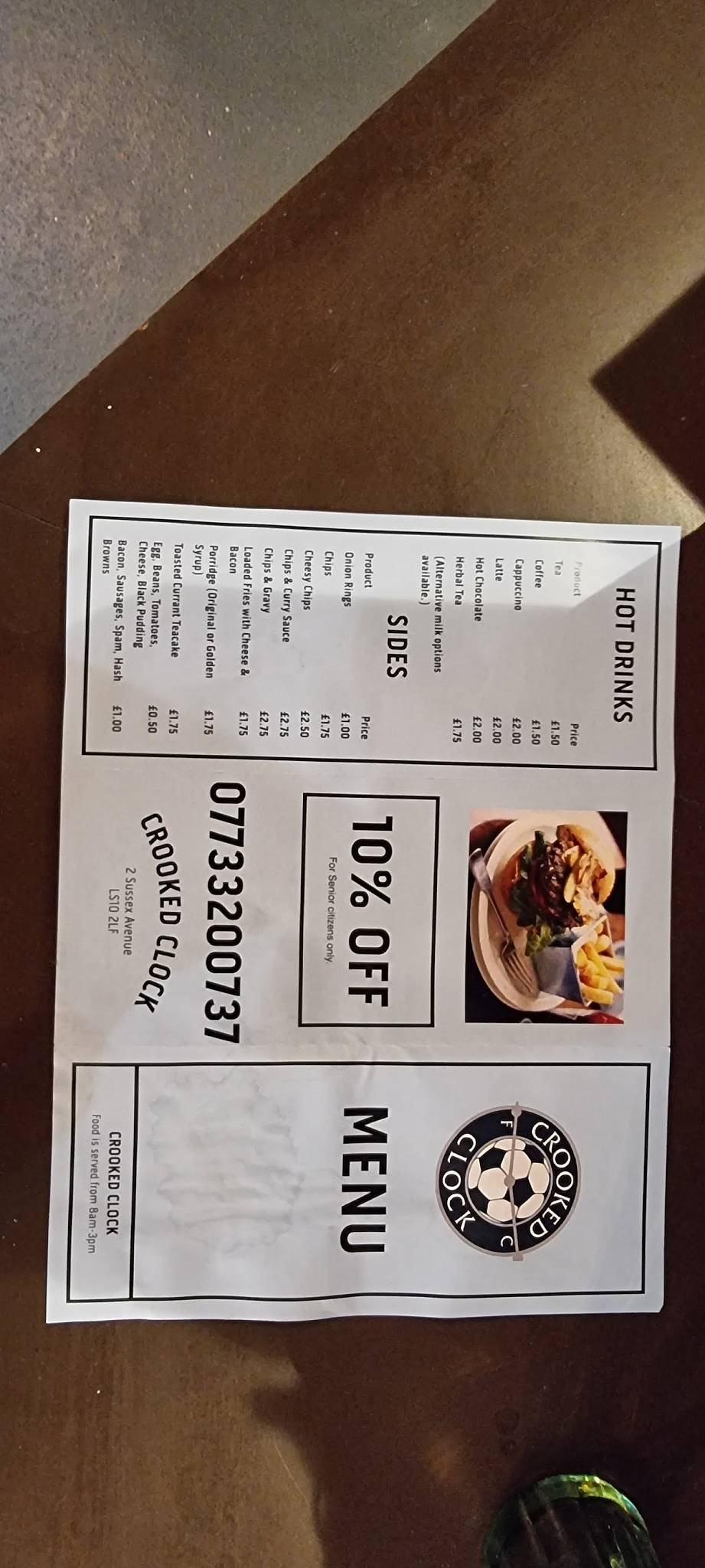 Menu at The Crooked Clock pub & bar, Leeds, 1 Sussex Ave