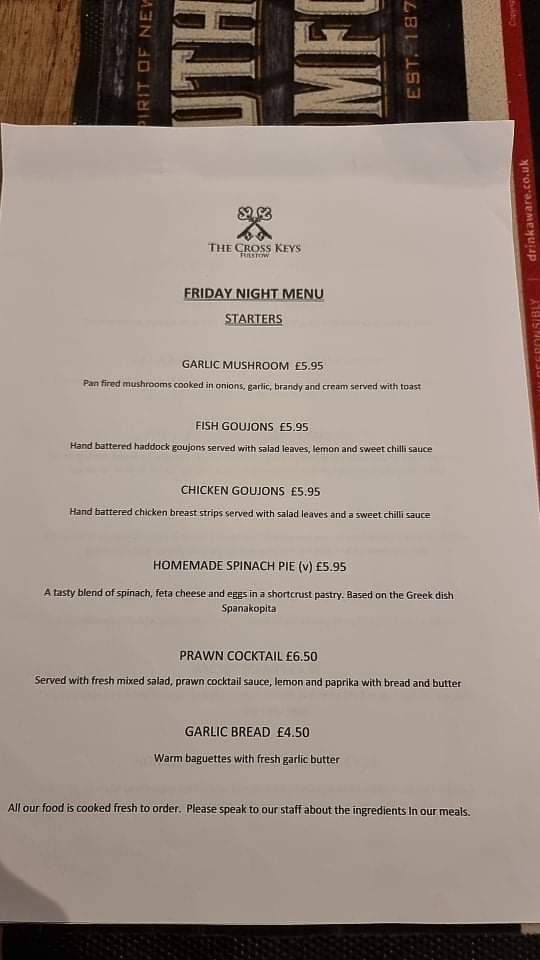 Menu at The Cross Keys pub & bar, Fulstow