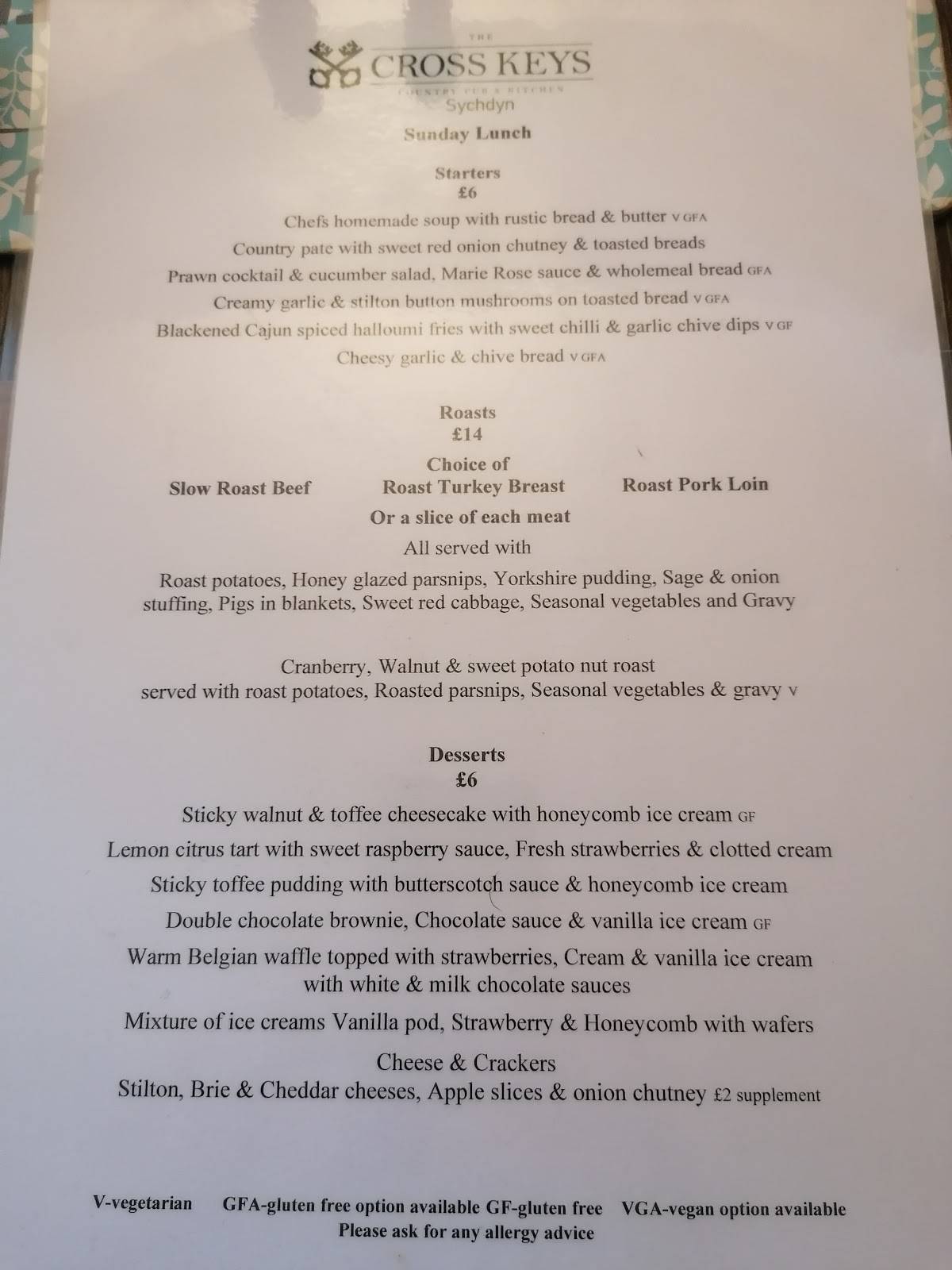 Menu at The Cross Keys pub & bar, Sychdyn