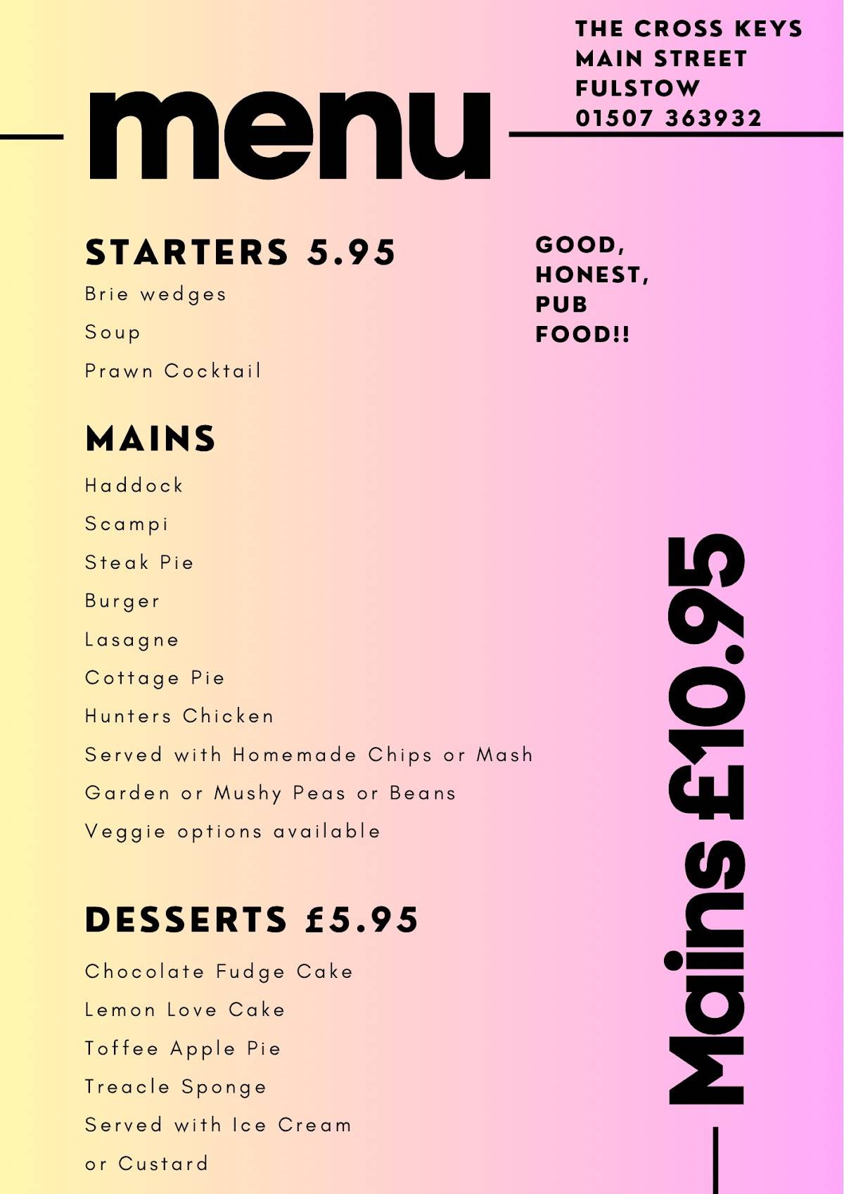 Menu at The Cross Keys pub & bar, Fulstow