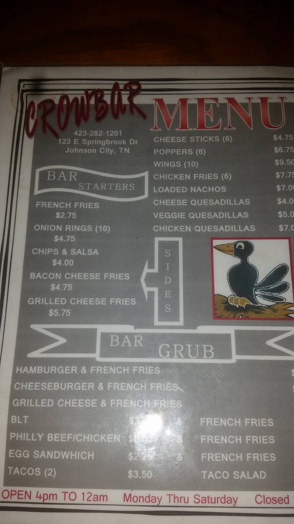 Menu at The Crow Bar, Johnson City