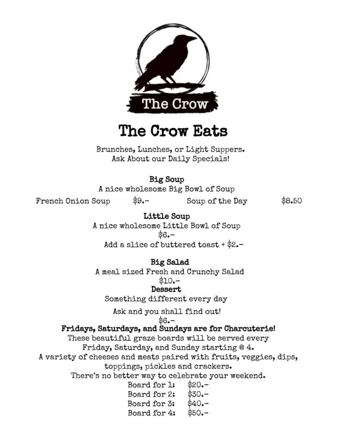 Menu at The Crow restaurant, Ponoka