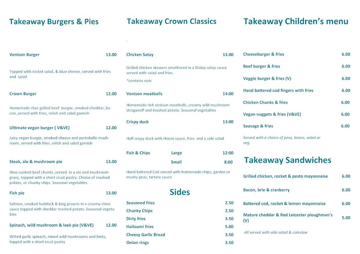 Menu at The Crown Inn, Monk Fryston pub & bar, Sherburn in Elmet