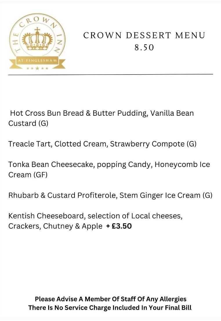 Menu at The Crown Inn at Finglesham pub & bar, Deal