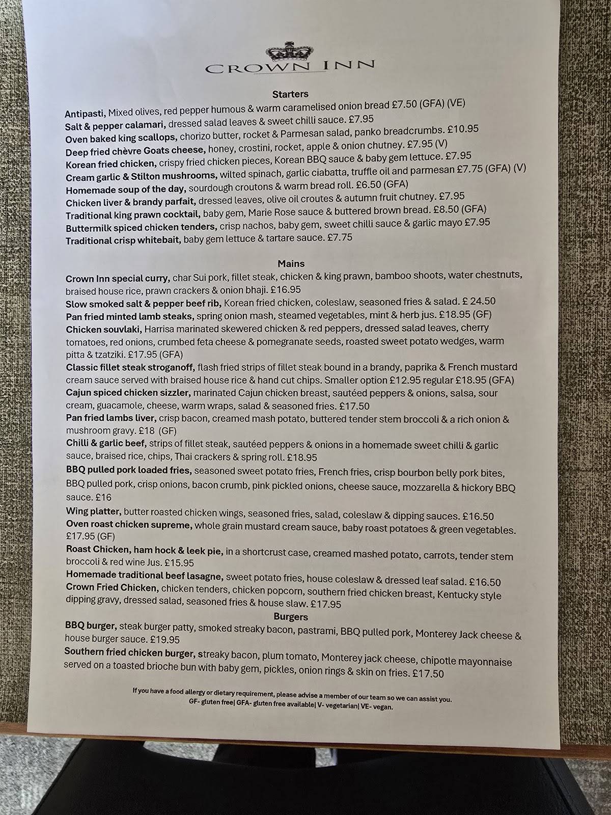 Menu at The Crown Inn pub & bar, Trelawnyd