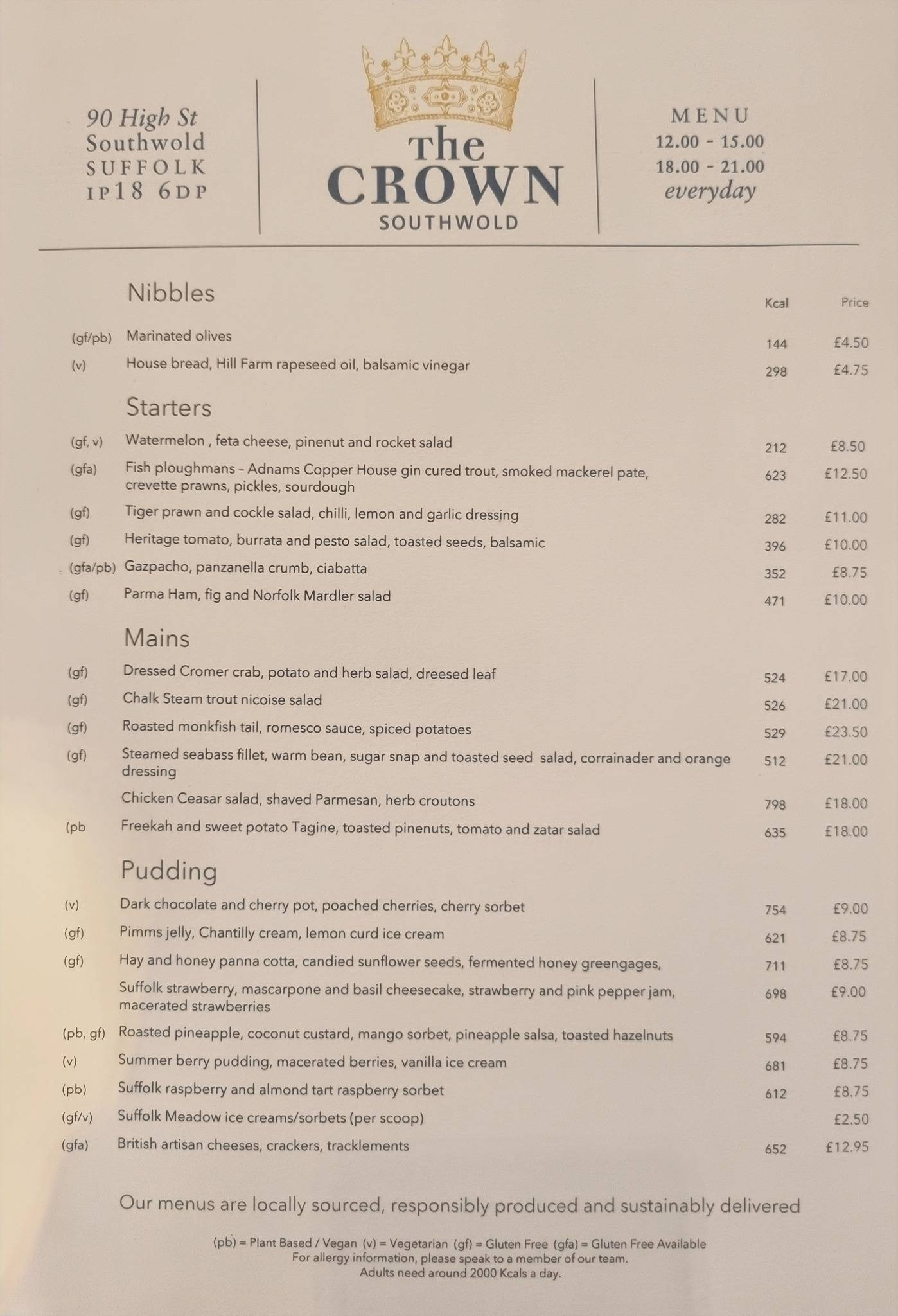 Menu at The Crown pub & bar, Southwold