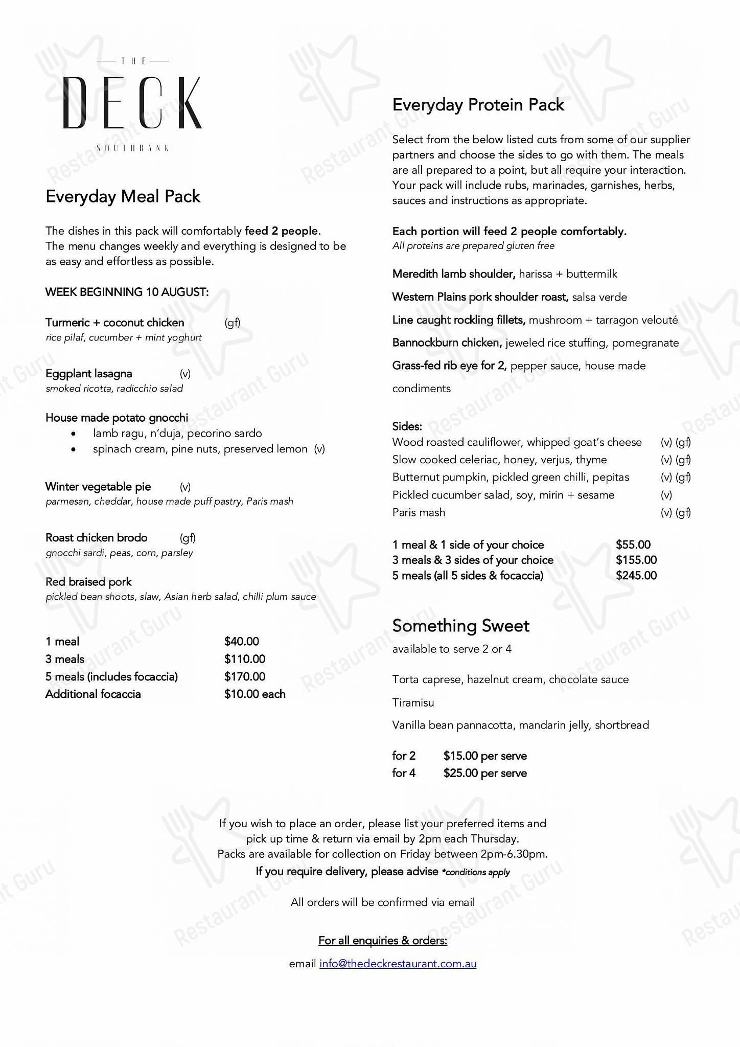 Menu at The Deck Southbank restaurant, Southbank, UPPER
