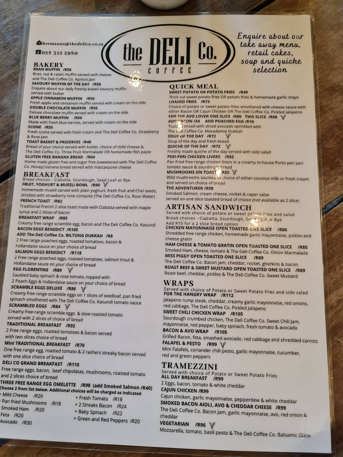 Menu at The Deli Coffee Co. Hermanus restaurant, Sandbaai