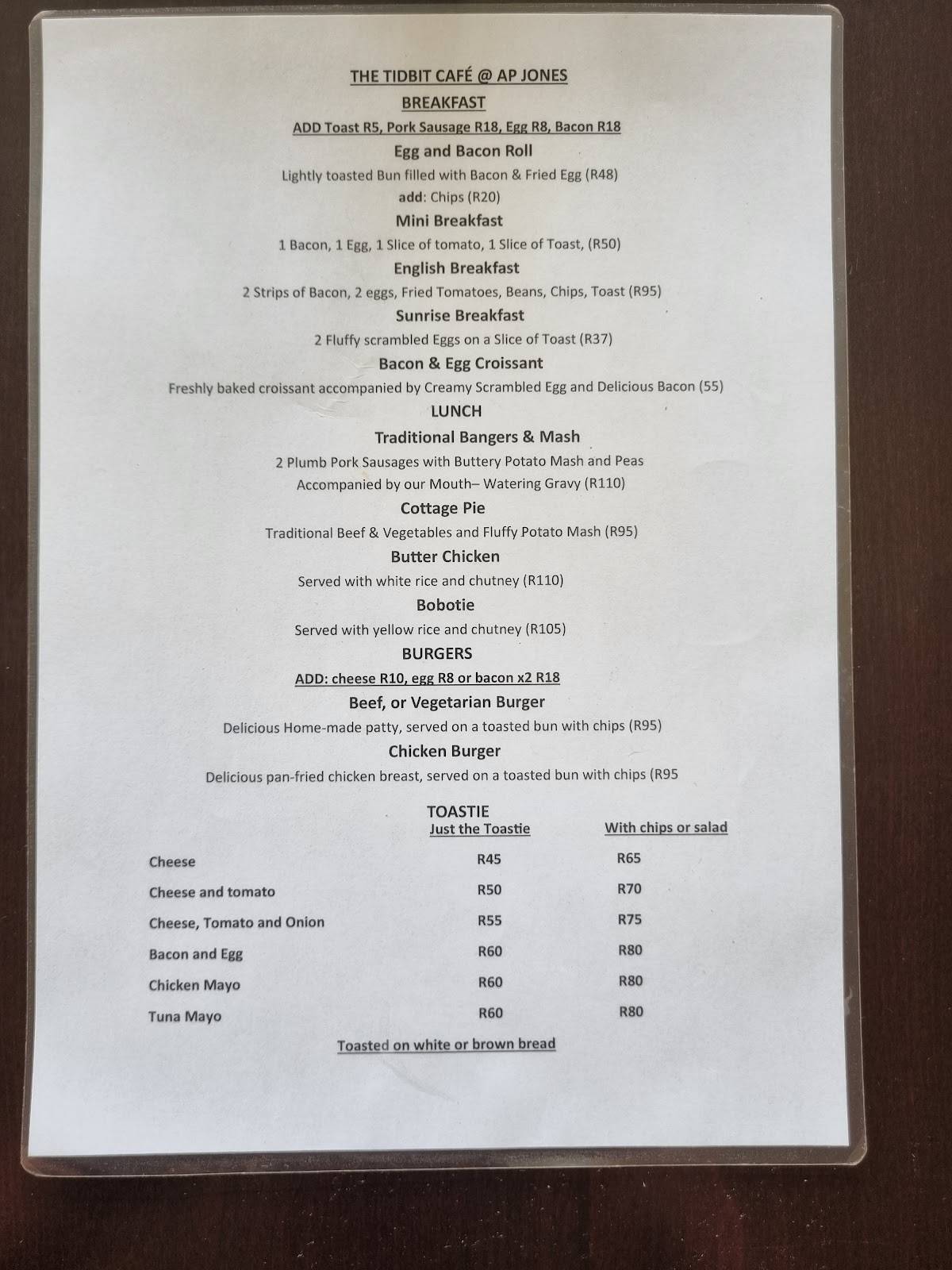 Menu at The Deli Upstairs@AP Jones restaurant, Cape Town