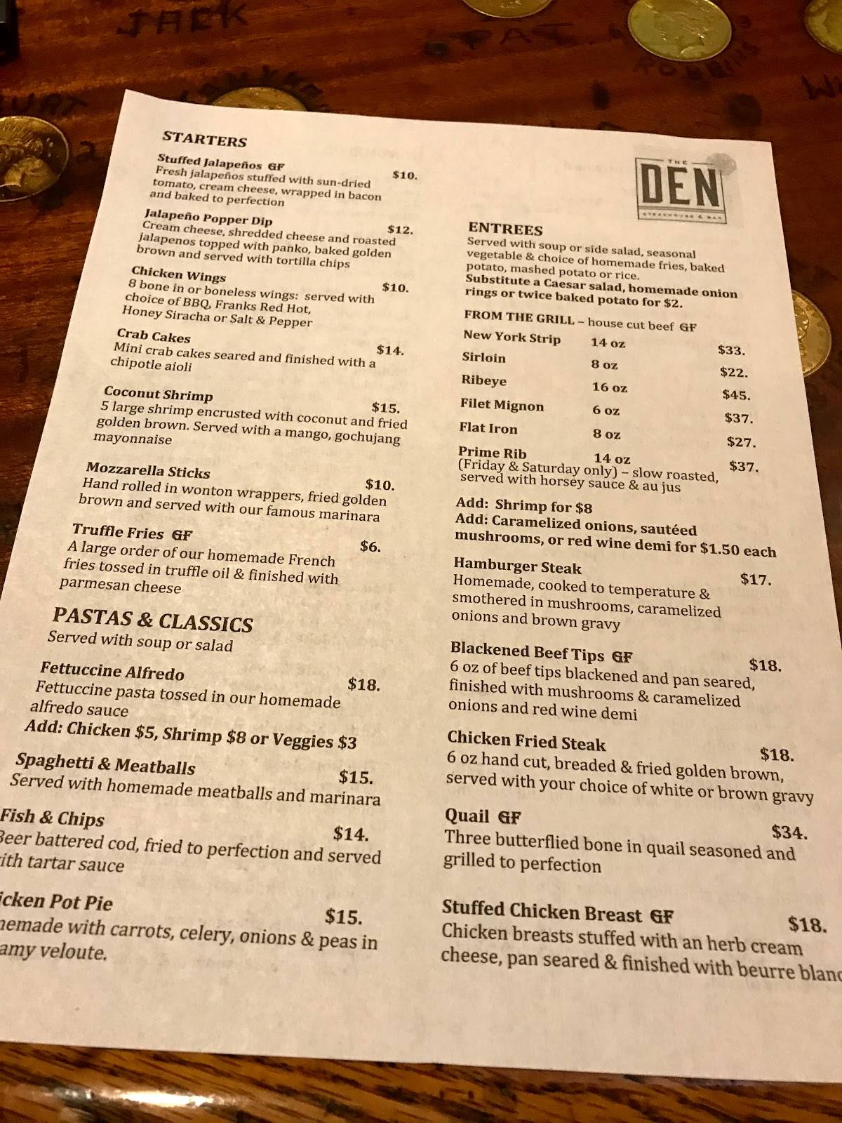 Menu at The Den steakhouse, Dillon