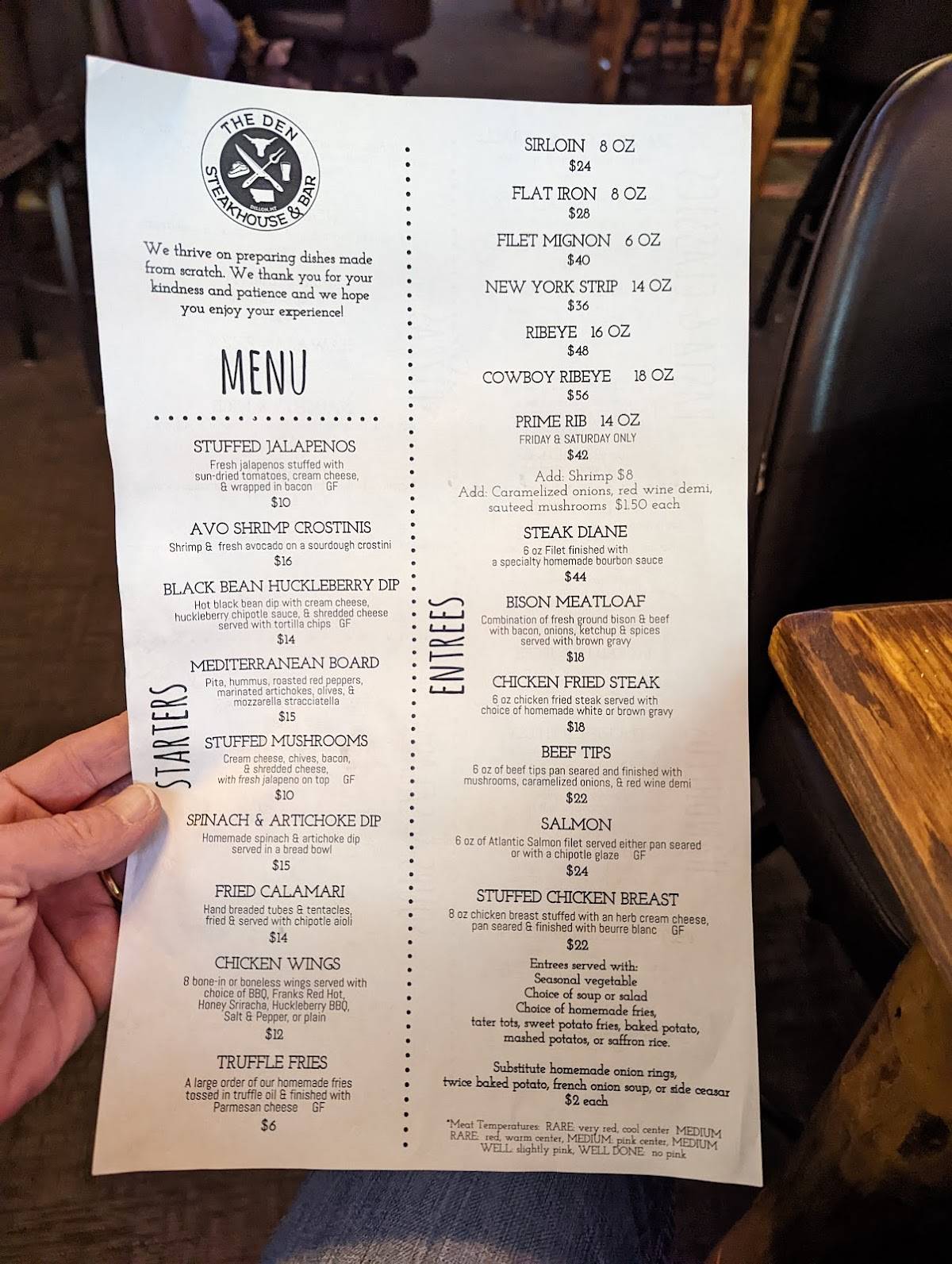 Menu at The Den steakhouse, Dillon