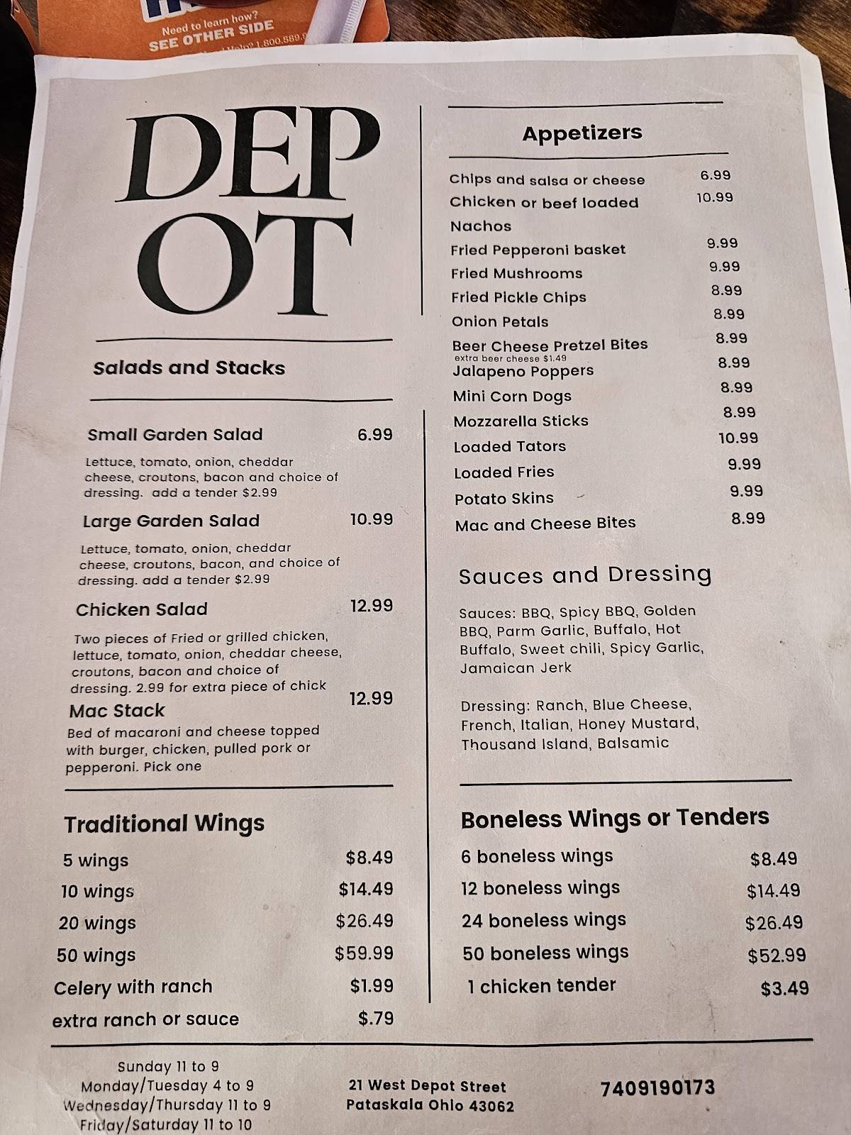 Menu at The Depot Street Pub and Grub, Pataskala