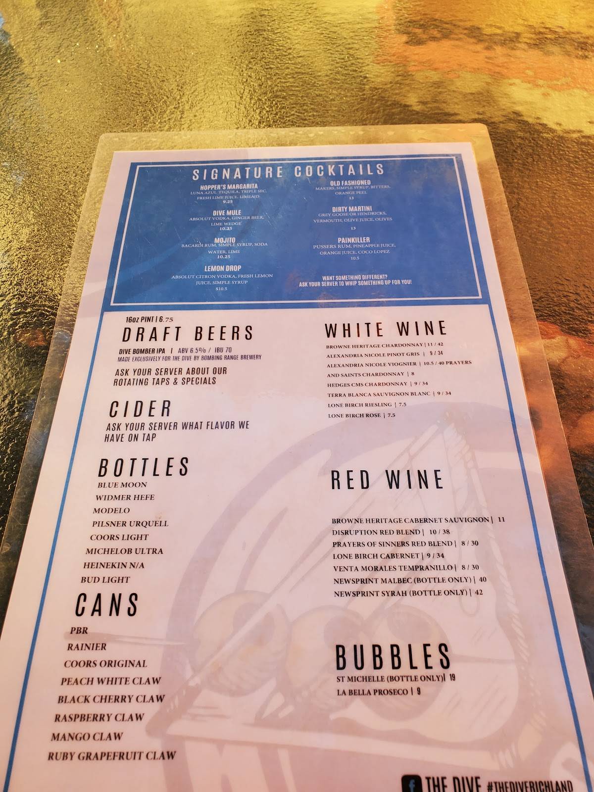 Menu at The Dive pub & bar, Richland