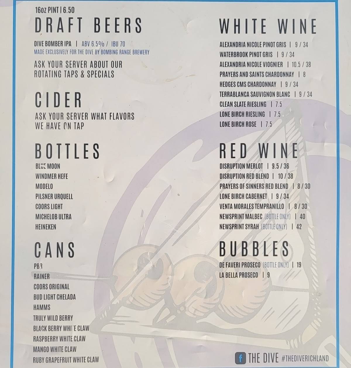 Menu at The Dive pub & bar, Richland