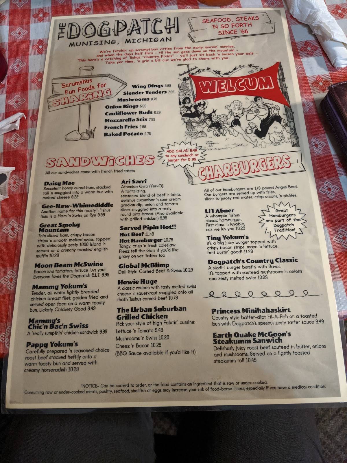 Menu at The Dogpatch Restaurant, Munising