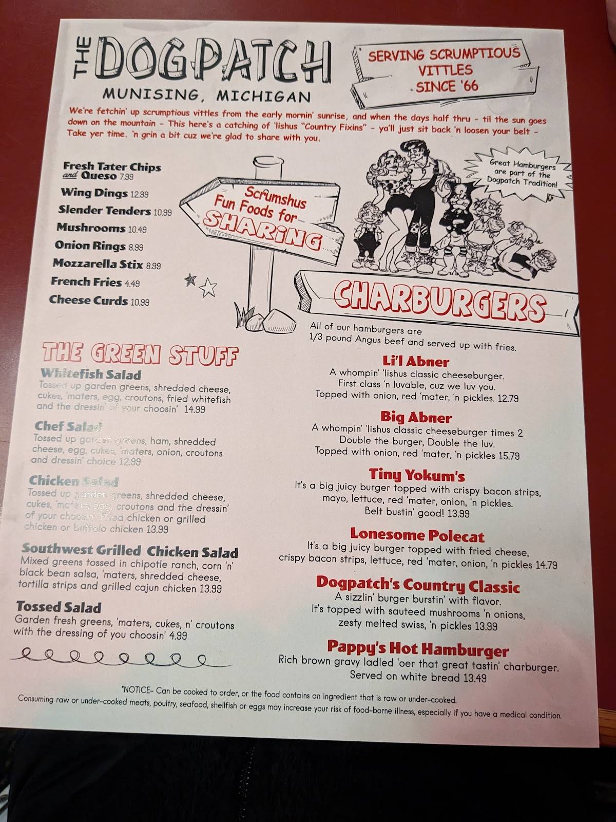 Menu at The Dogpatch Restaurant, Munising