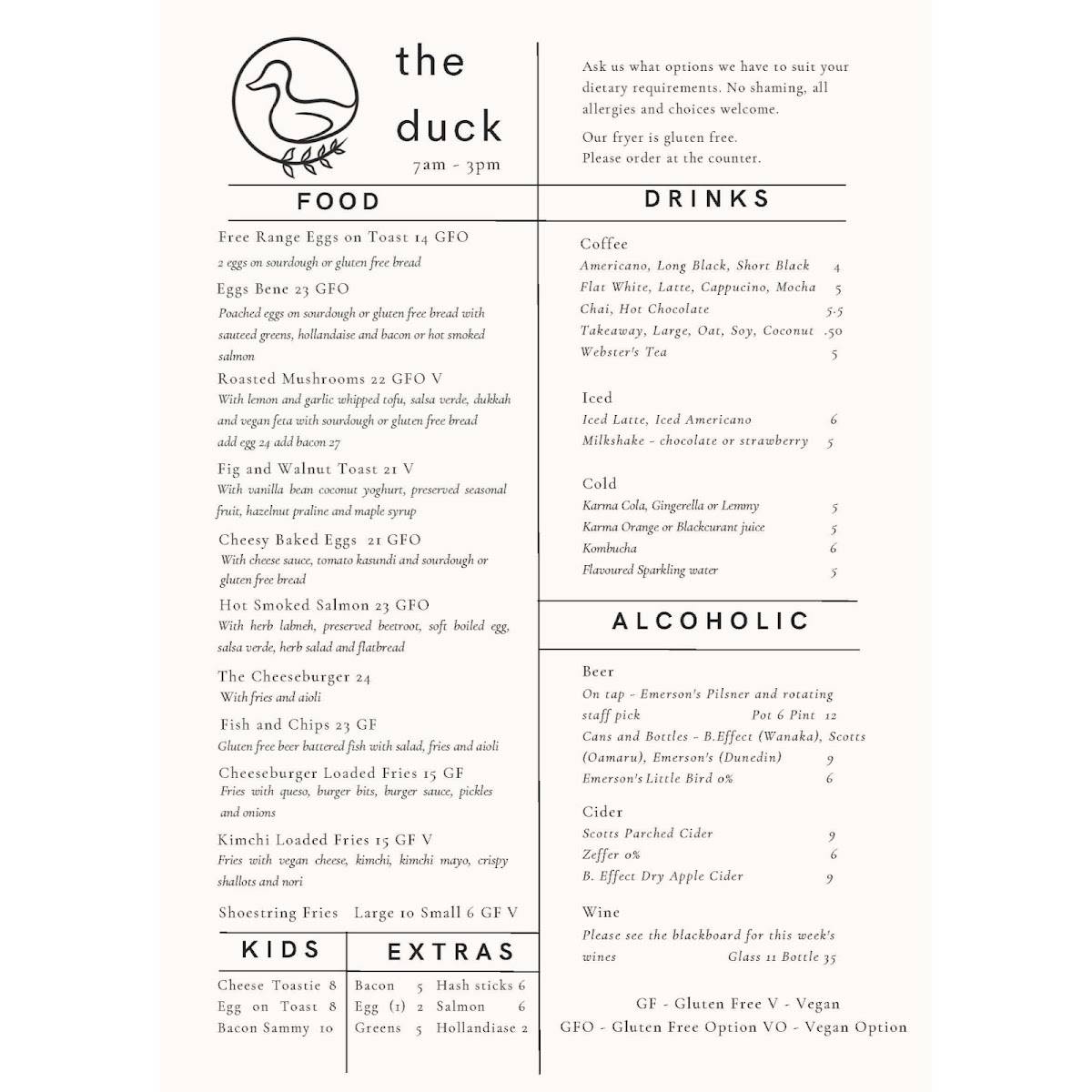 Menu at The Duck cafe, Dunedin, 494 Portobello Rd