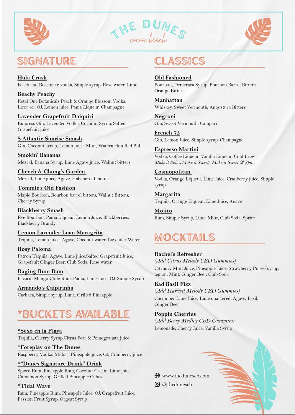Menu at The Dunes Cocoa Beach pub & bar, Cocoa Beach