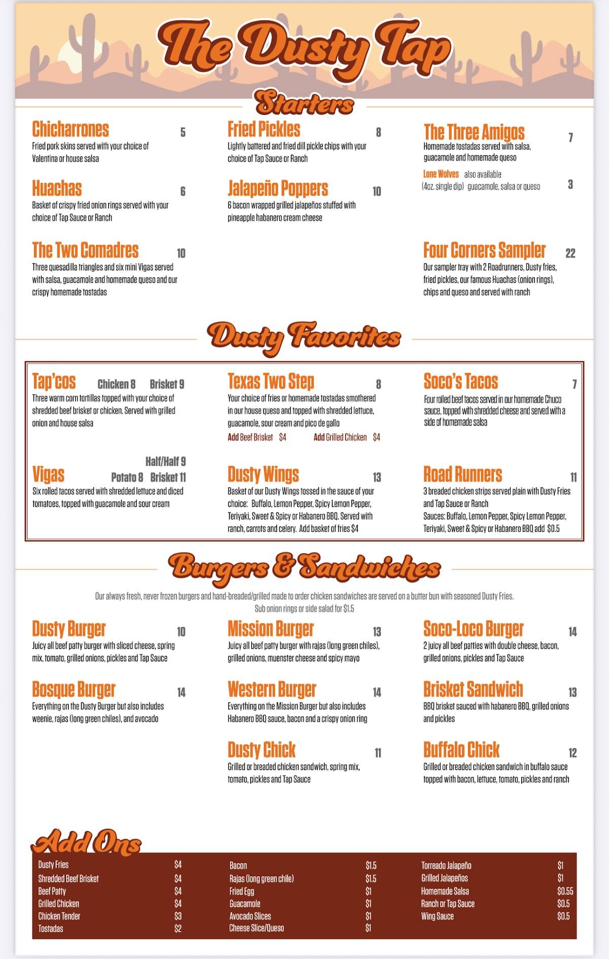 Menu at The Dusty Tap pub & bar, Socorro
