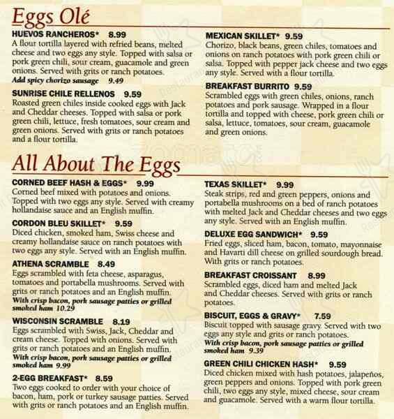 Menu at The Egg & I restaurant, Parker, E Mainstreet