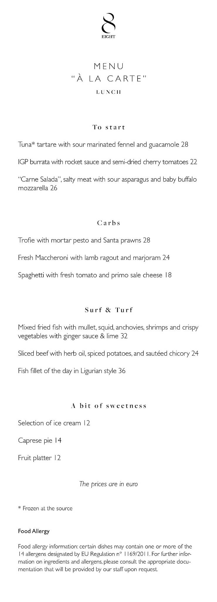 Menu at Eight Restaurant, Santa Margherita Ligure