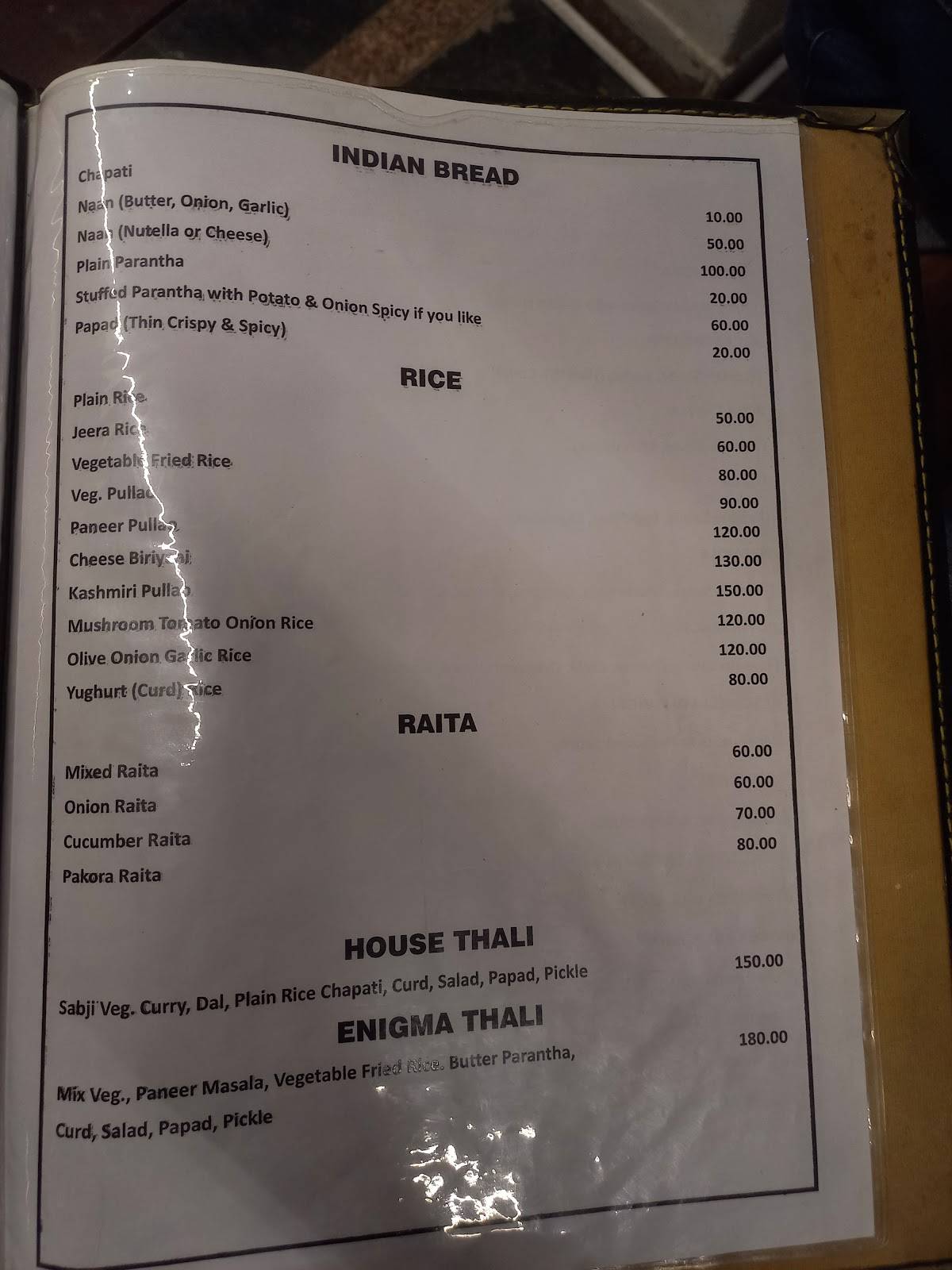 Menu at The Enigma Cafe, Pushkar
