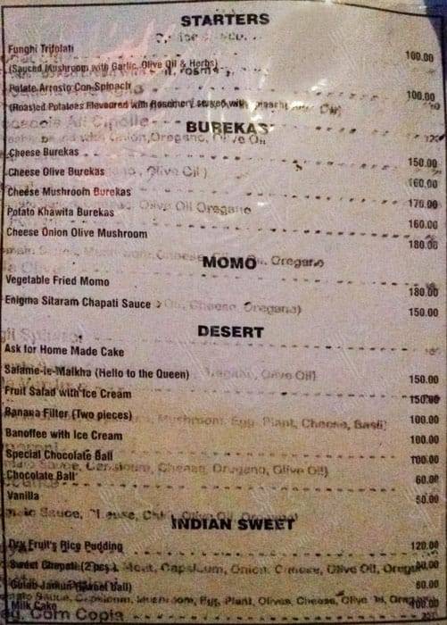 Menu at The Enigma Cafe, Pushkar