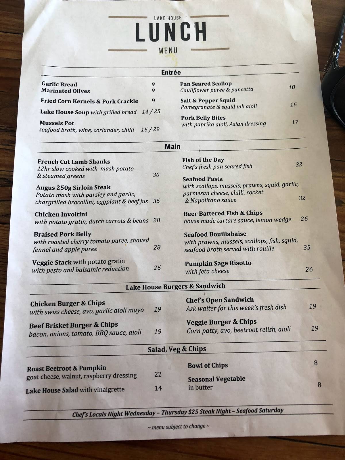 Menu at The Entrance Lake House cafe, The Entrance