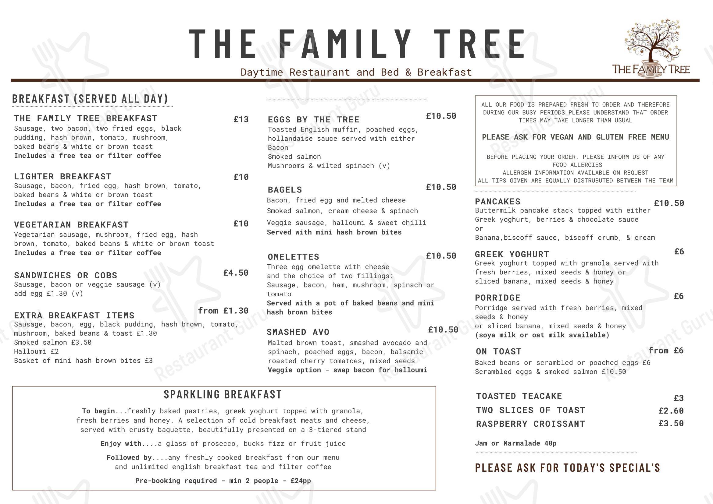 Menu at The Family Tree restaurant, Crich