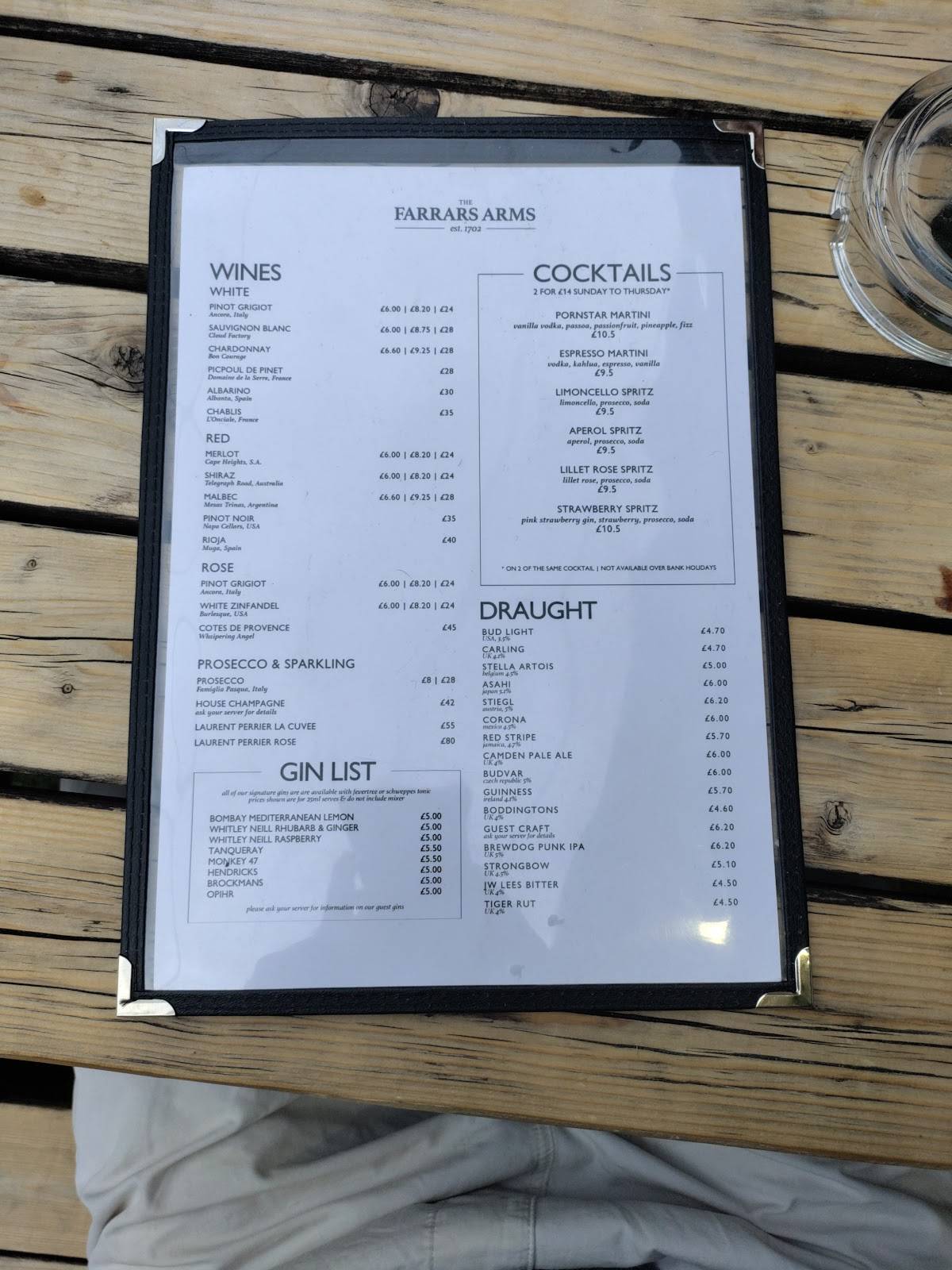 Menu at The Farrars Arms pub & bar, Oldham