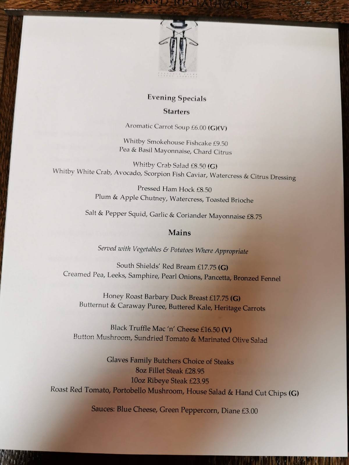Menu at The Farrier restaurant, Scarborough