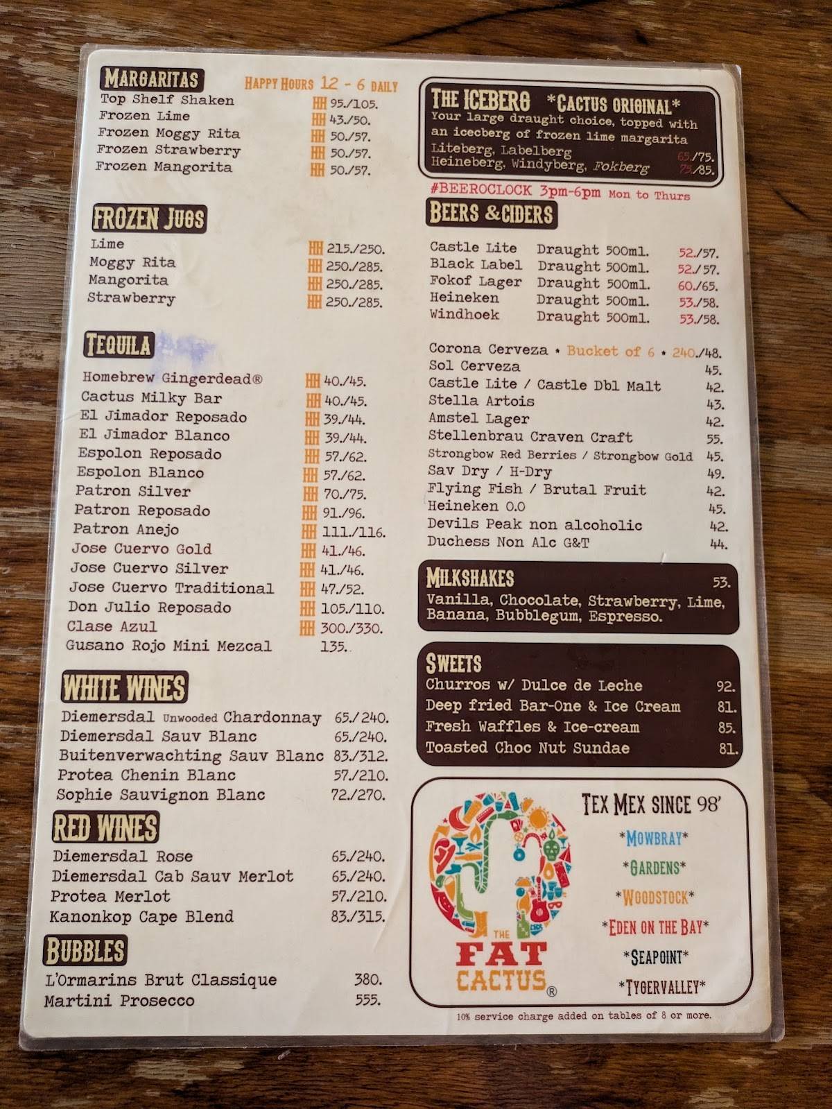 Menu at The Fat Cactus Gardens restaurant, Cape Town, 5 Park Rd
