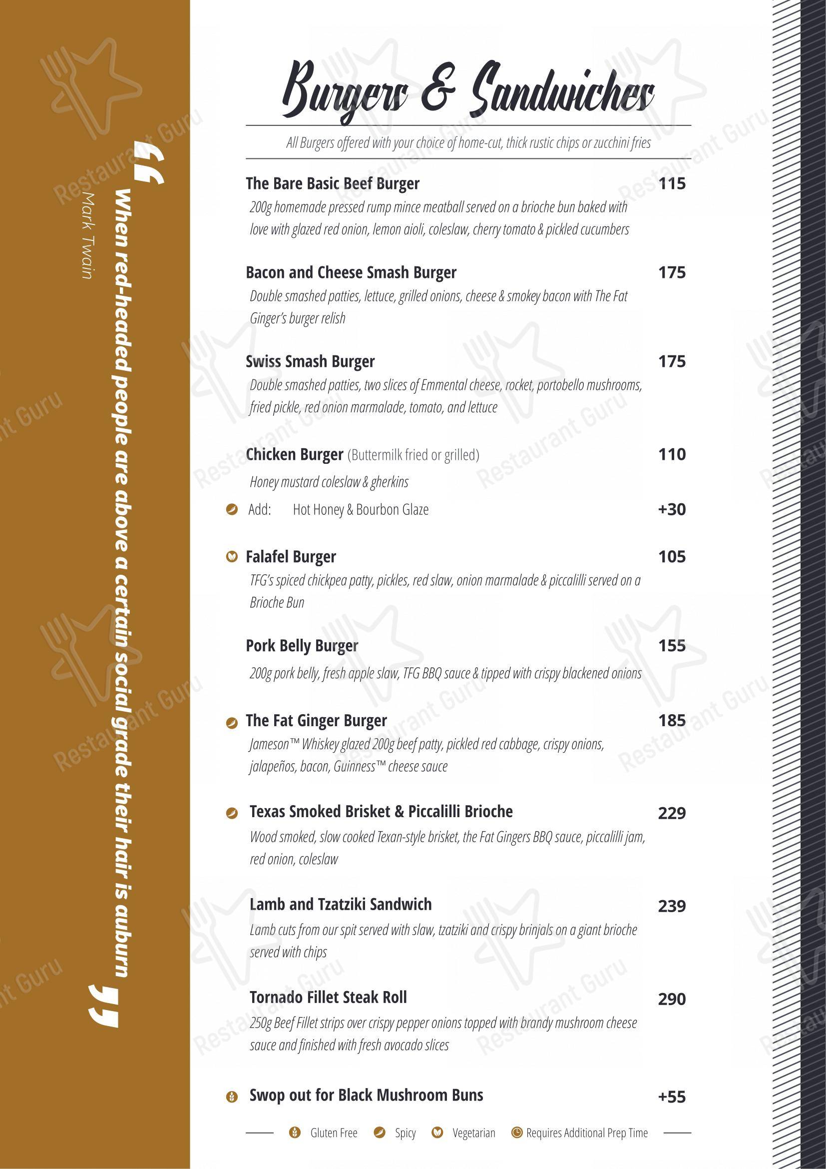 Menu at The Fat Ginger pub & bar, Sandton