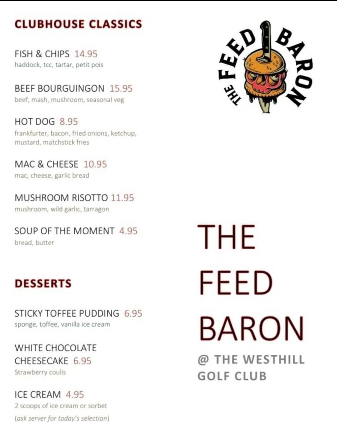 Menu at The Feed Baron, Westhill
