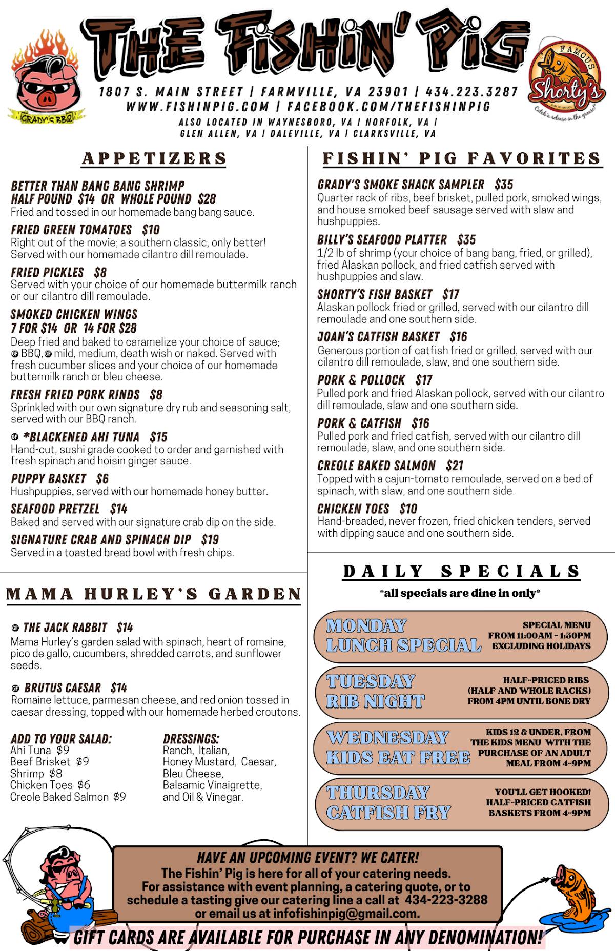 Menu at The Fishin' Pig BBQ, Farmville, S Main St